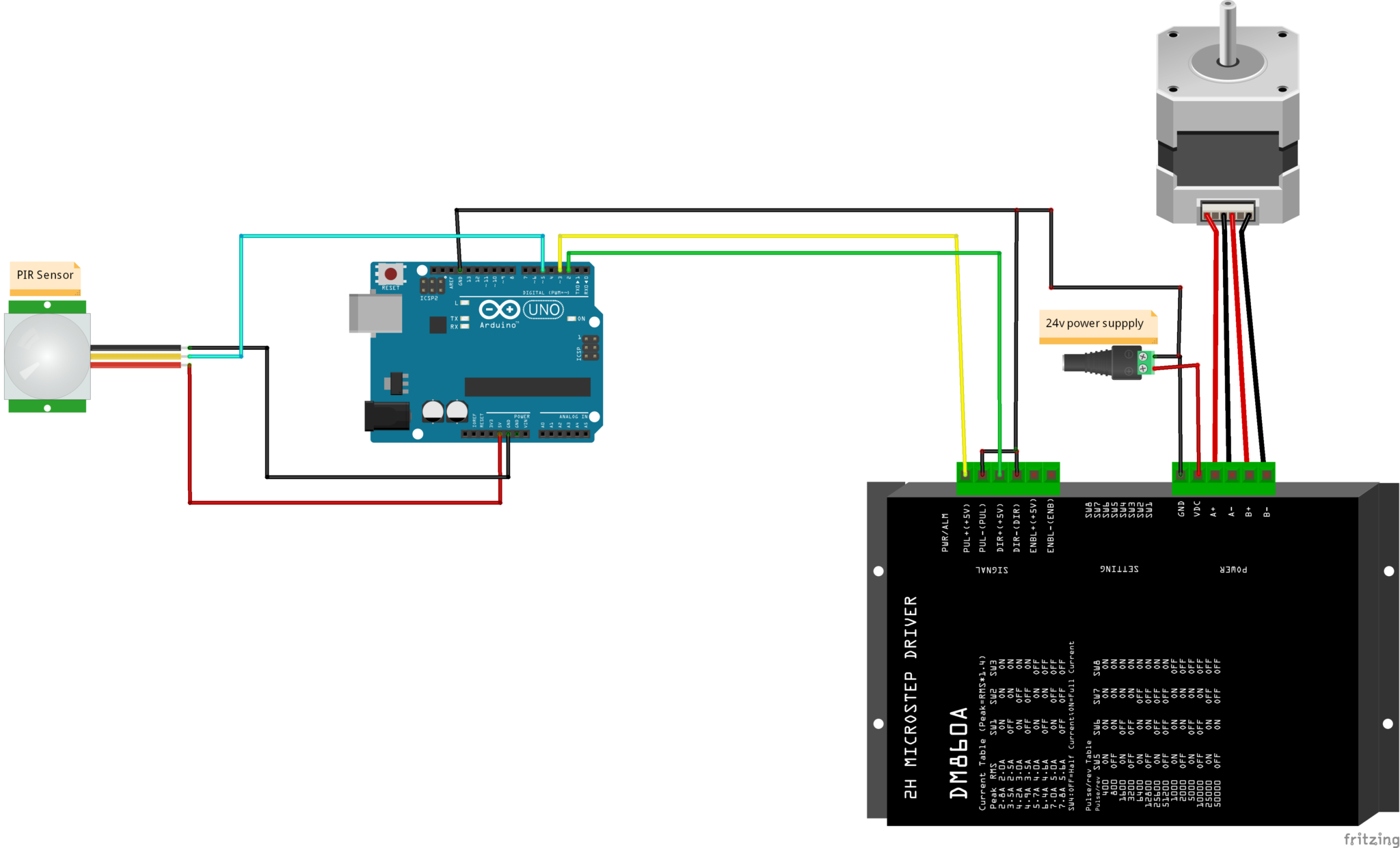 How to Control a Stepper Motor with PIR Motion Sensor, DM542 Driver ...